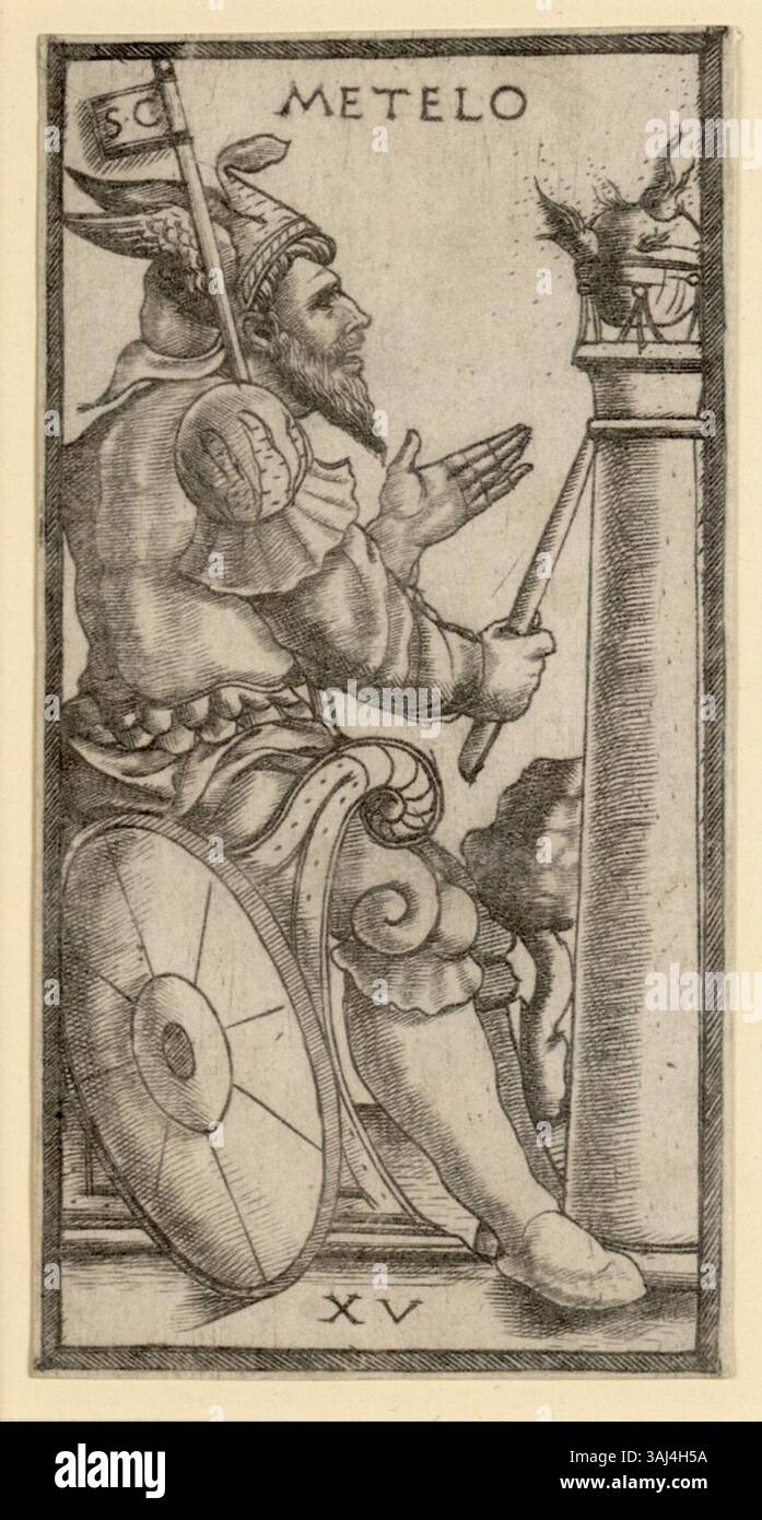 The 1491 Metelo card from the Sola Busca tarot deck, crafted in Italy ...