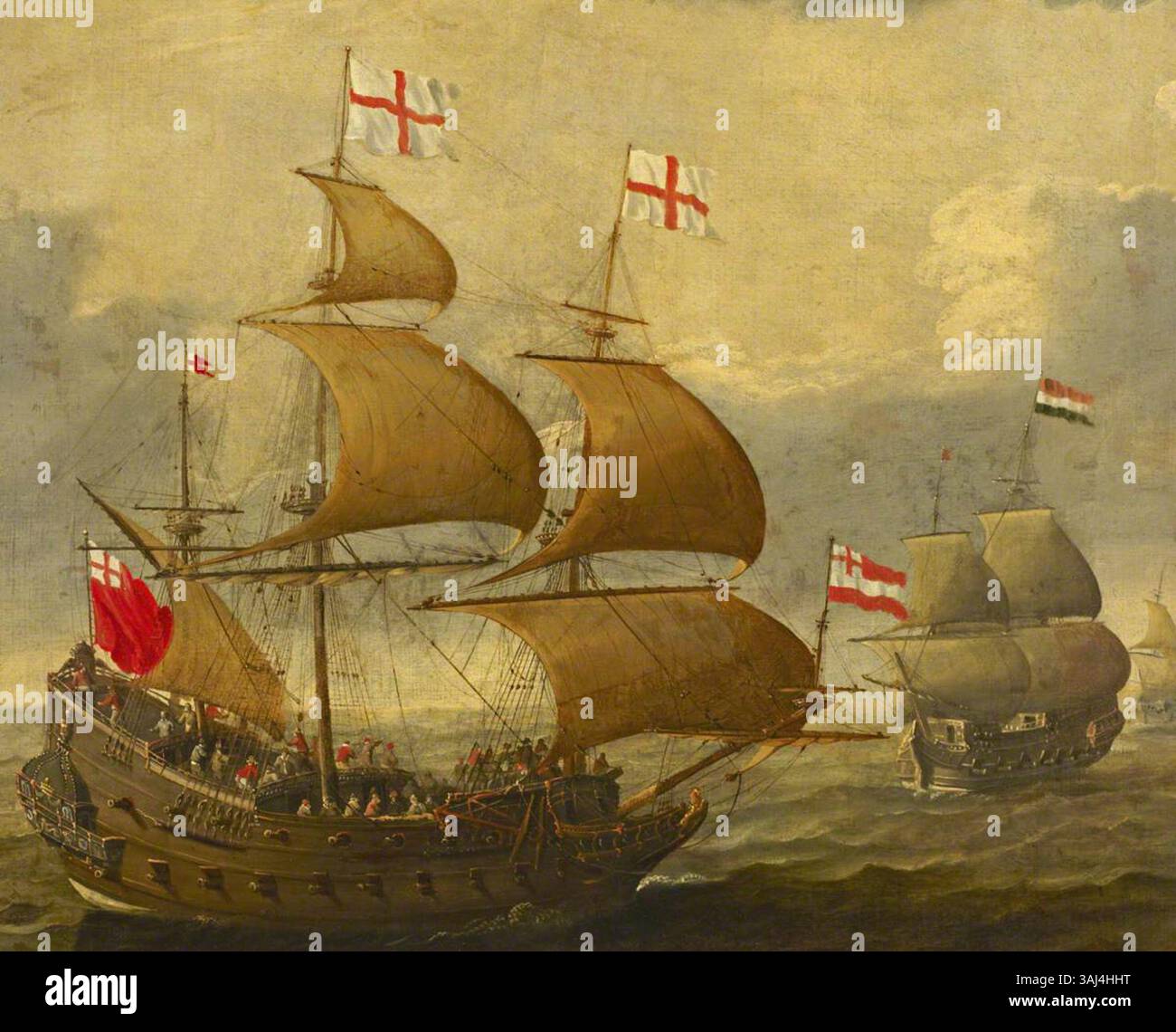 A painting depicting an English and Dutch ship approaching each other ...