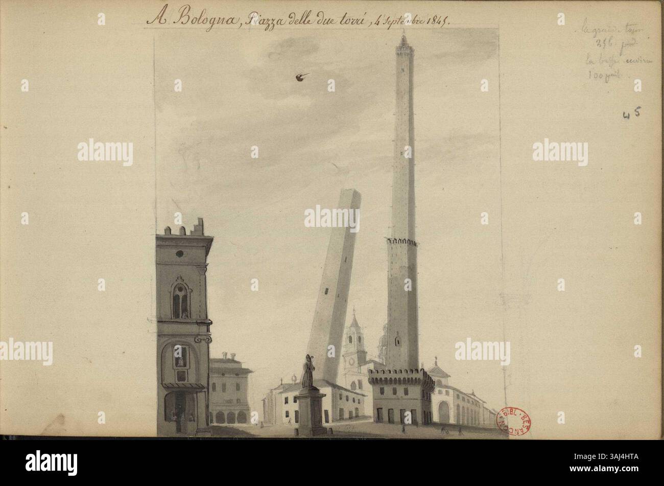 The drawing depicts the Two Towers of Bologna, sketched by Désiré ...
