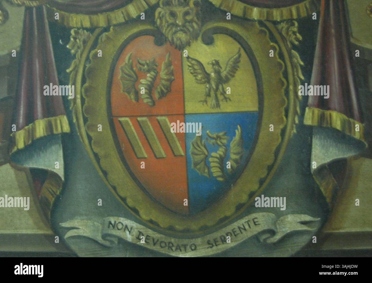 This 19th-century artwork features the marital coat of arms between the ...