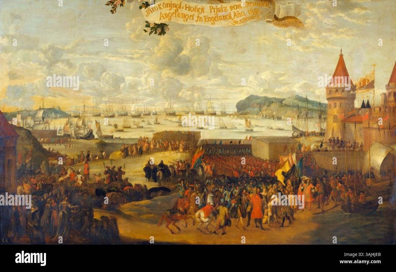 A painting depicting William III, Prince of Orange, arriving at Brixham ...