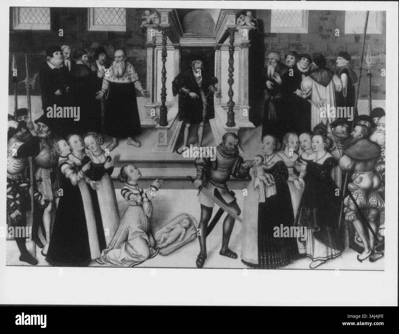 This painting, attributed to Lucas Cranach the Elder, depicts the Judgement of Solomon, painted ...