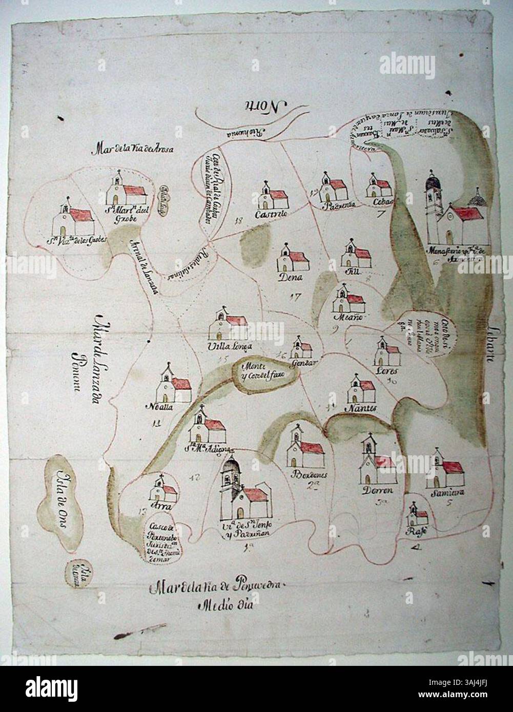 This 1752 map depicts the jurisdiction of Lanzada in the Catastro de Ensenada, a Spanish land ...