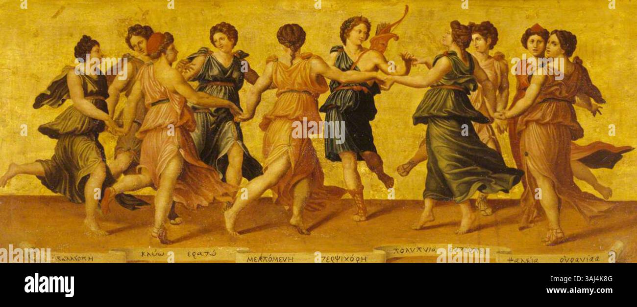 Oil painting titled 'Apollo and the Muses Dancing,' created between ...