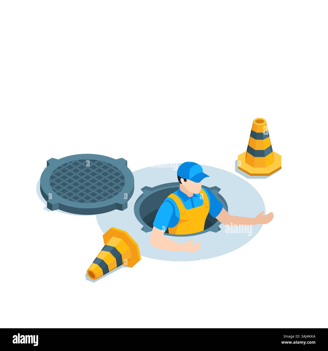 an isometric man in a work uniform looks out of a manhole, in color on ...