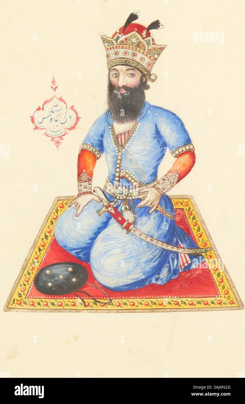 This 19th-century Qajar portrait depicts the mythical King Kay Kavus kneeling on a red and ...