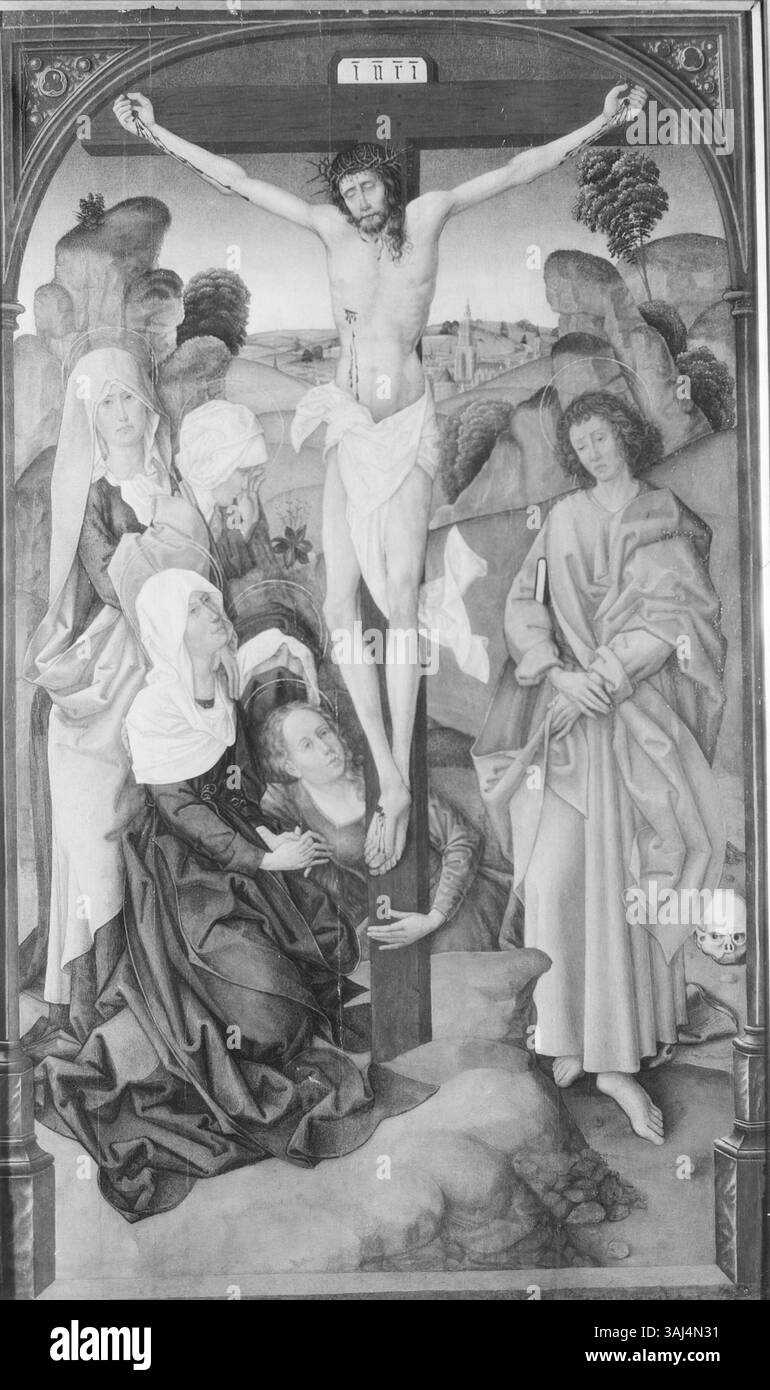 This circa 1500 oil painting depicts the Crucifixion of Jesus Christ, a central religious theme ...