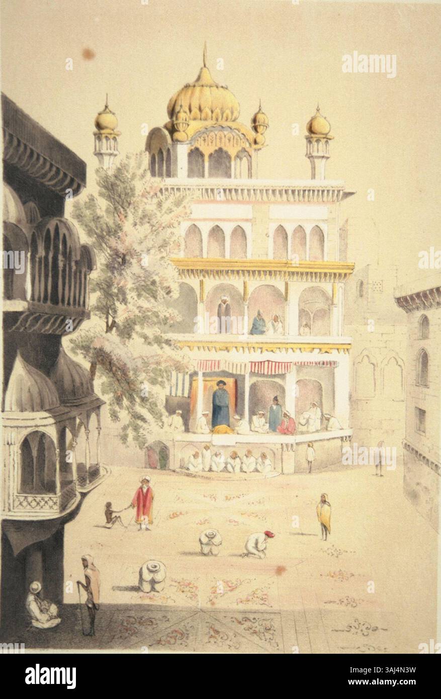 This color-tinted lithograph from 1854 depicts the Akal Takht, a Sikh temple, originally ...