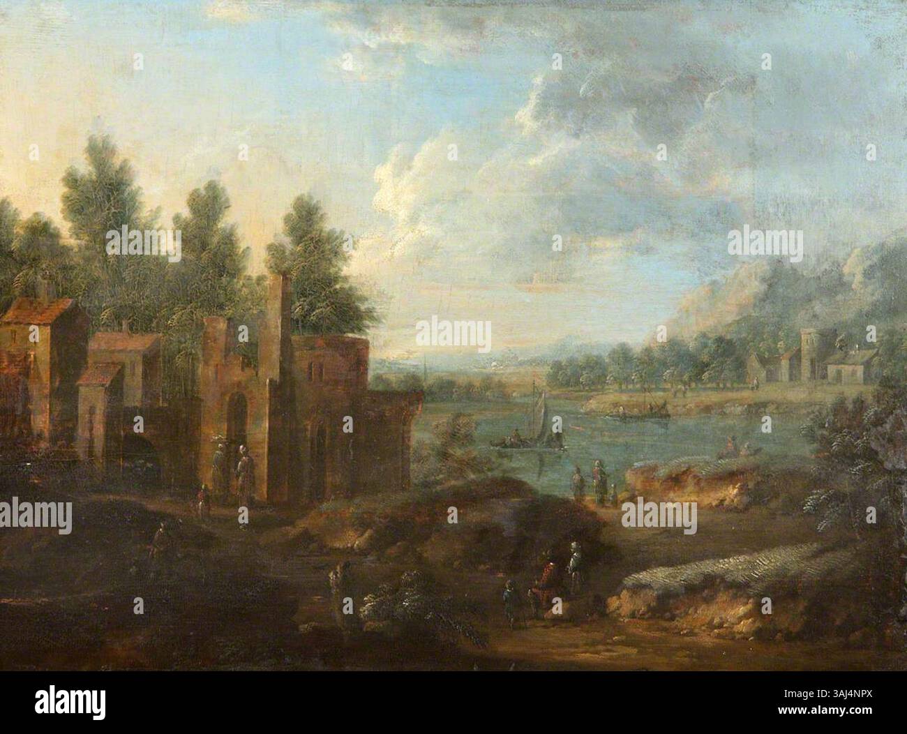 Landscape painting from the Flemish School, depicting buildings along a river. Oil on canvas ...