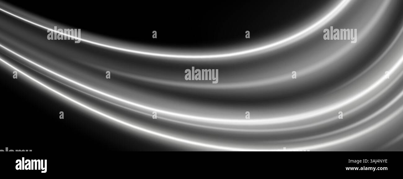 Monochrome light wave. White curved streams flow across dark background ...