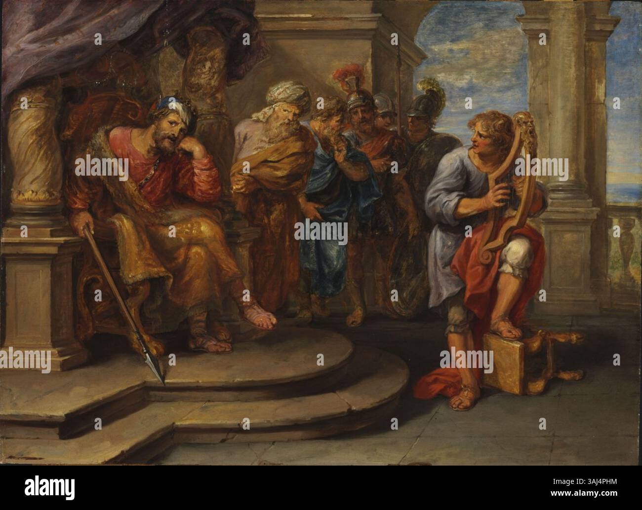 This early 1630s painting by Jan van den Hoecke depicts the biblical scene of David playing the ...