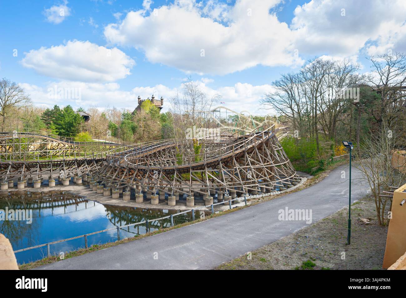 Part of double-track wooden racer rollercoaster in Efteling amusement ...