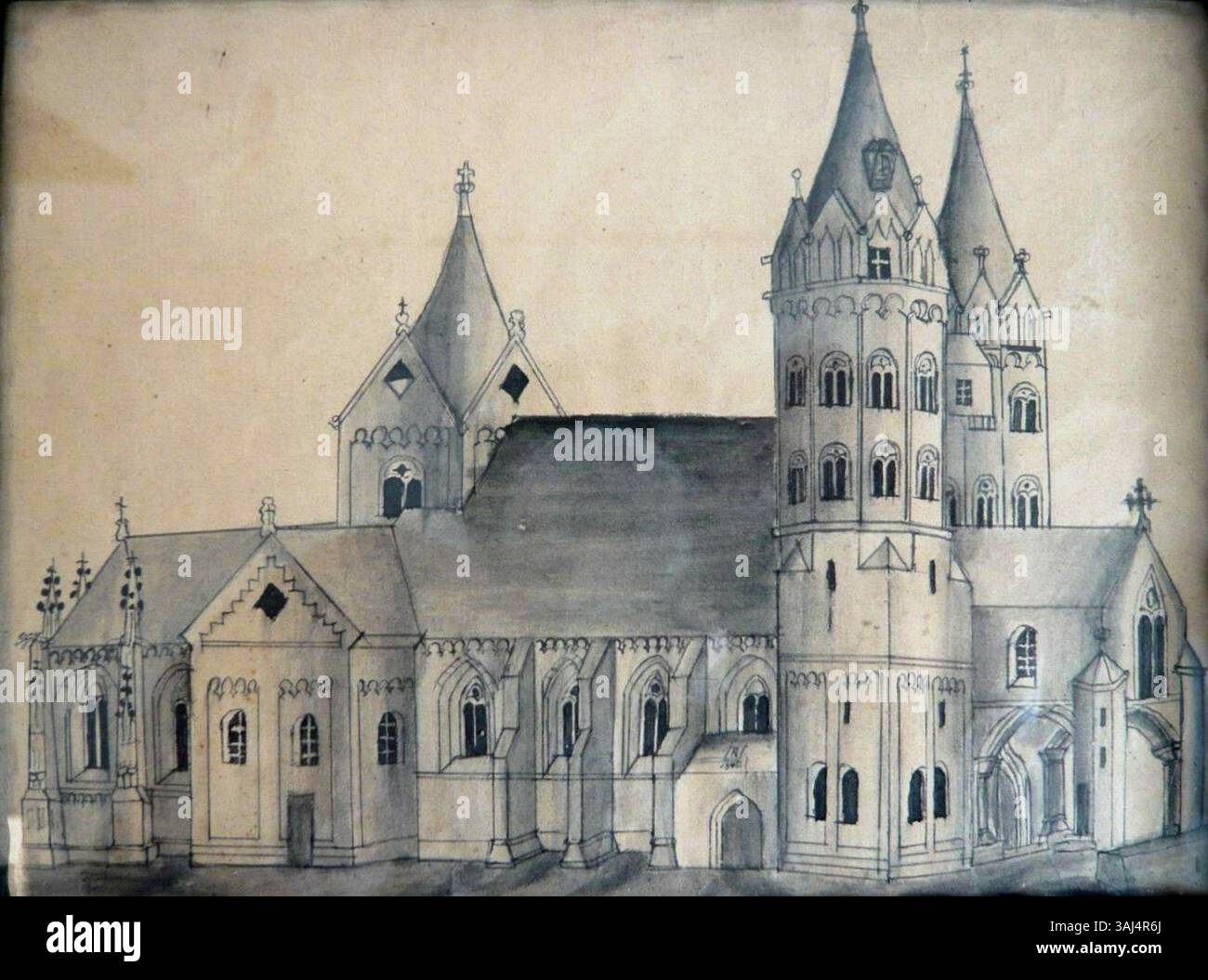 This 1847 drawing depicts the Stadtkirche in Freyburg, Germany. The ...