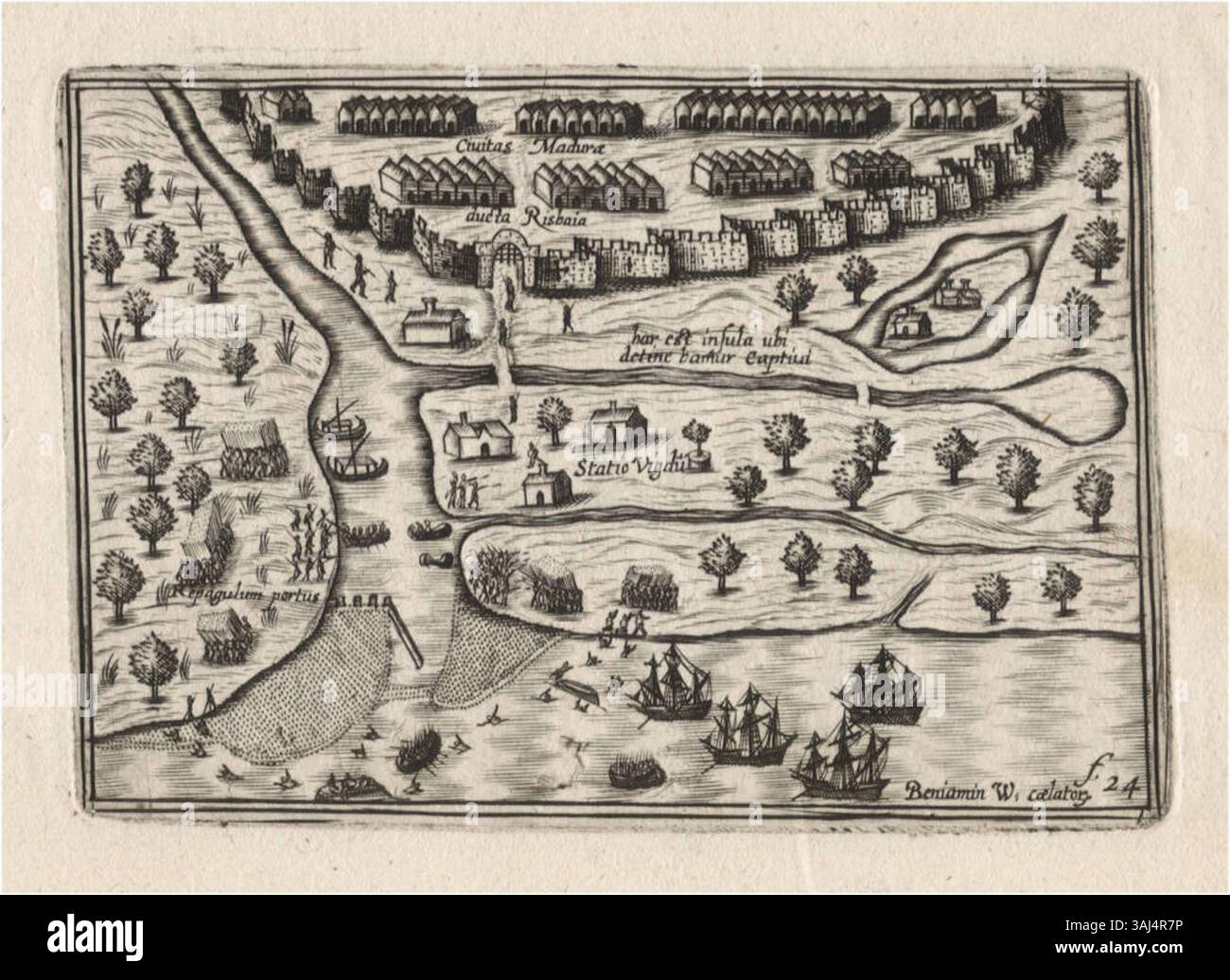A 1649 copper engraving by Benjamin Wright showing the roadstead of Arosbaya on Madura Island ...