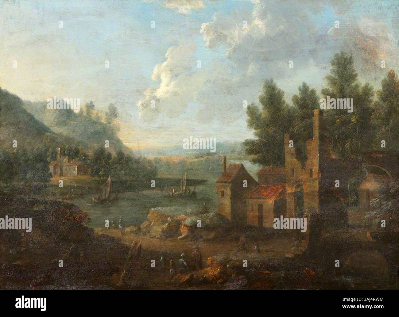 This Flemish School painting, created circa 1700, depicts buildings by ...