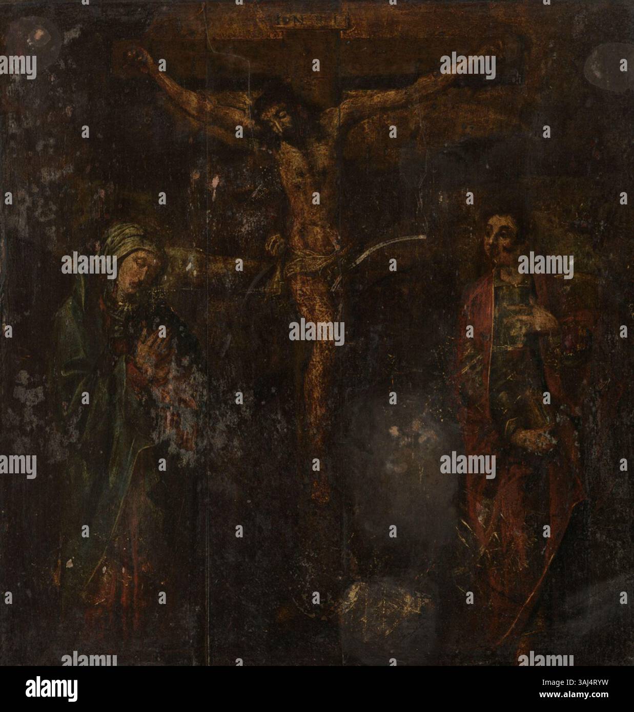 This 16th-century painting represents the crucifixion of Christ with Mary and John, painted on ...