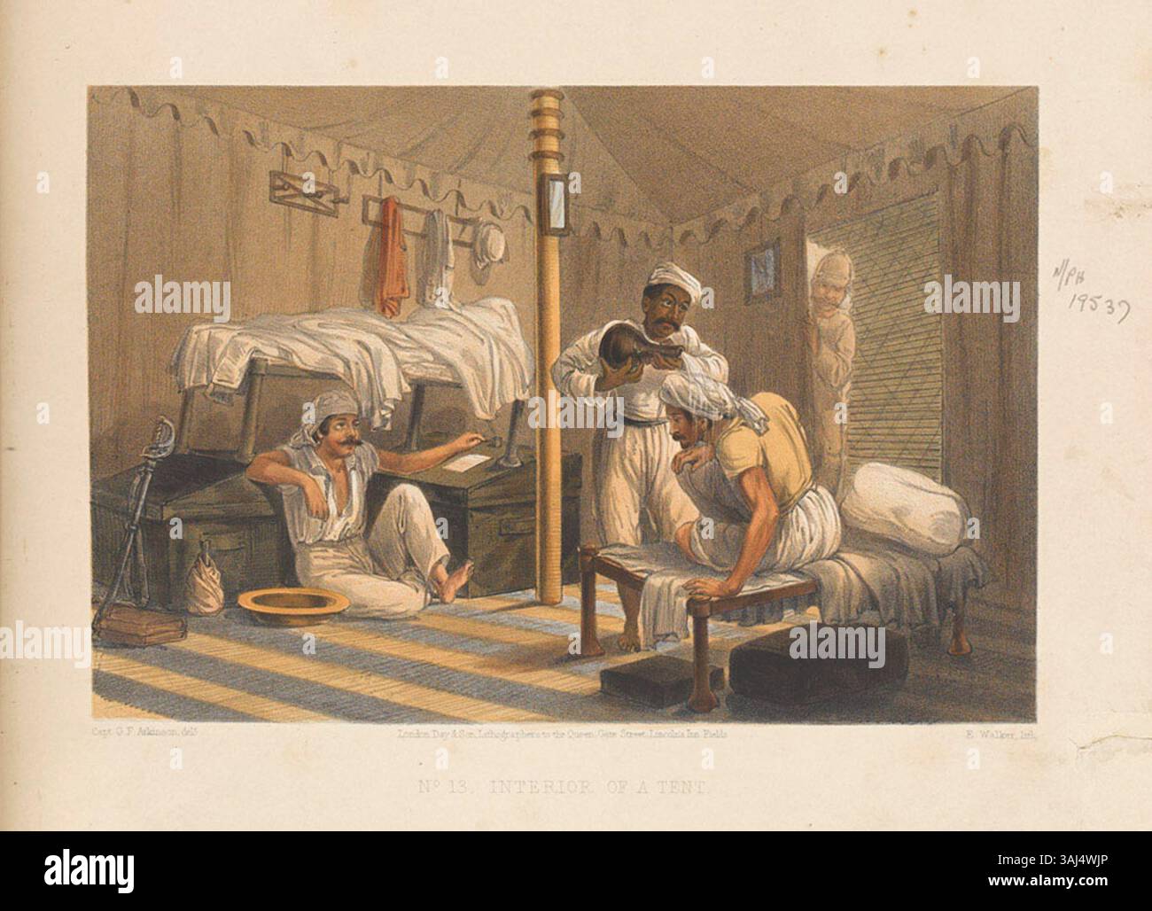 This lithograph from 1859, titled 'Interior of a Tent,' depicts Bengal Army officers in their ...