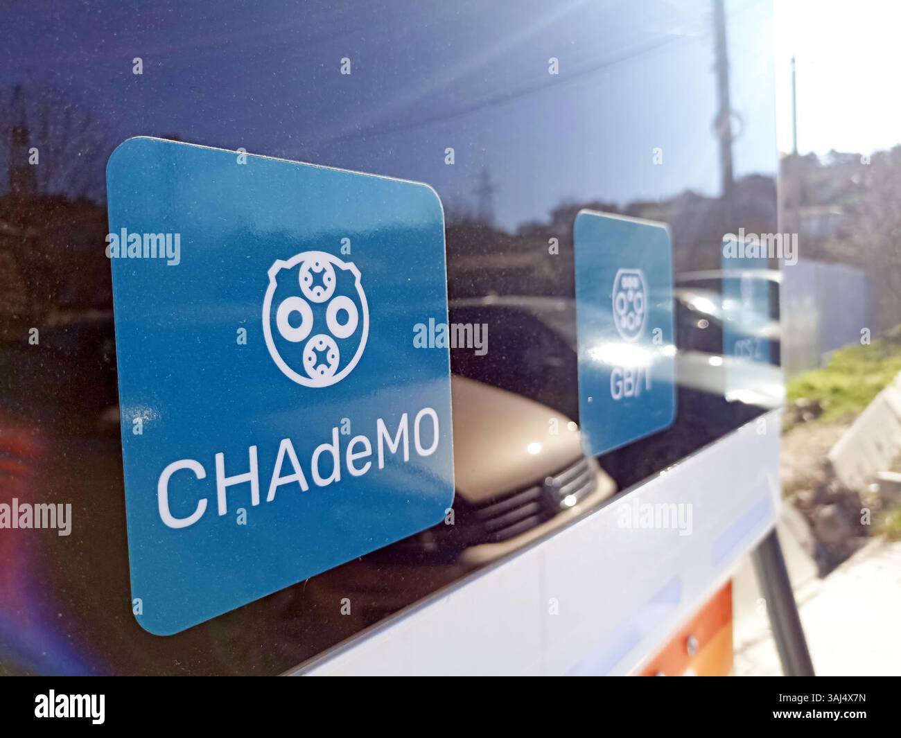 Electric vehicle charging ports with chademo, ccs, and type 2 labels ...