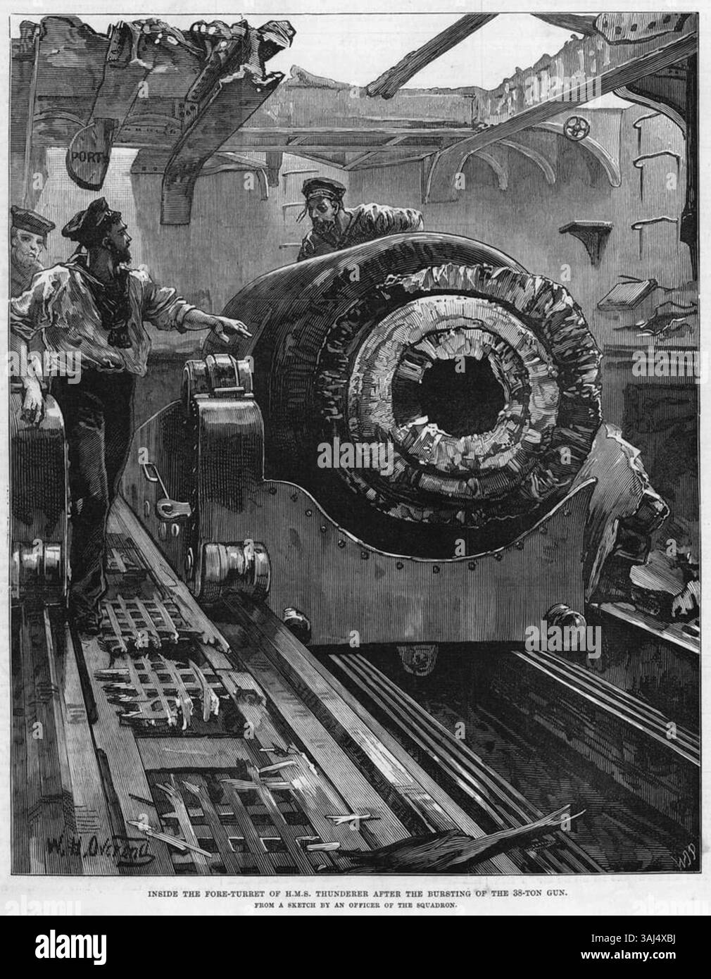This illustration shows the aftermath of the bursting of the 38-ton gun ...