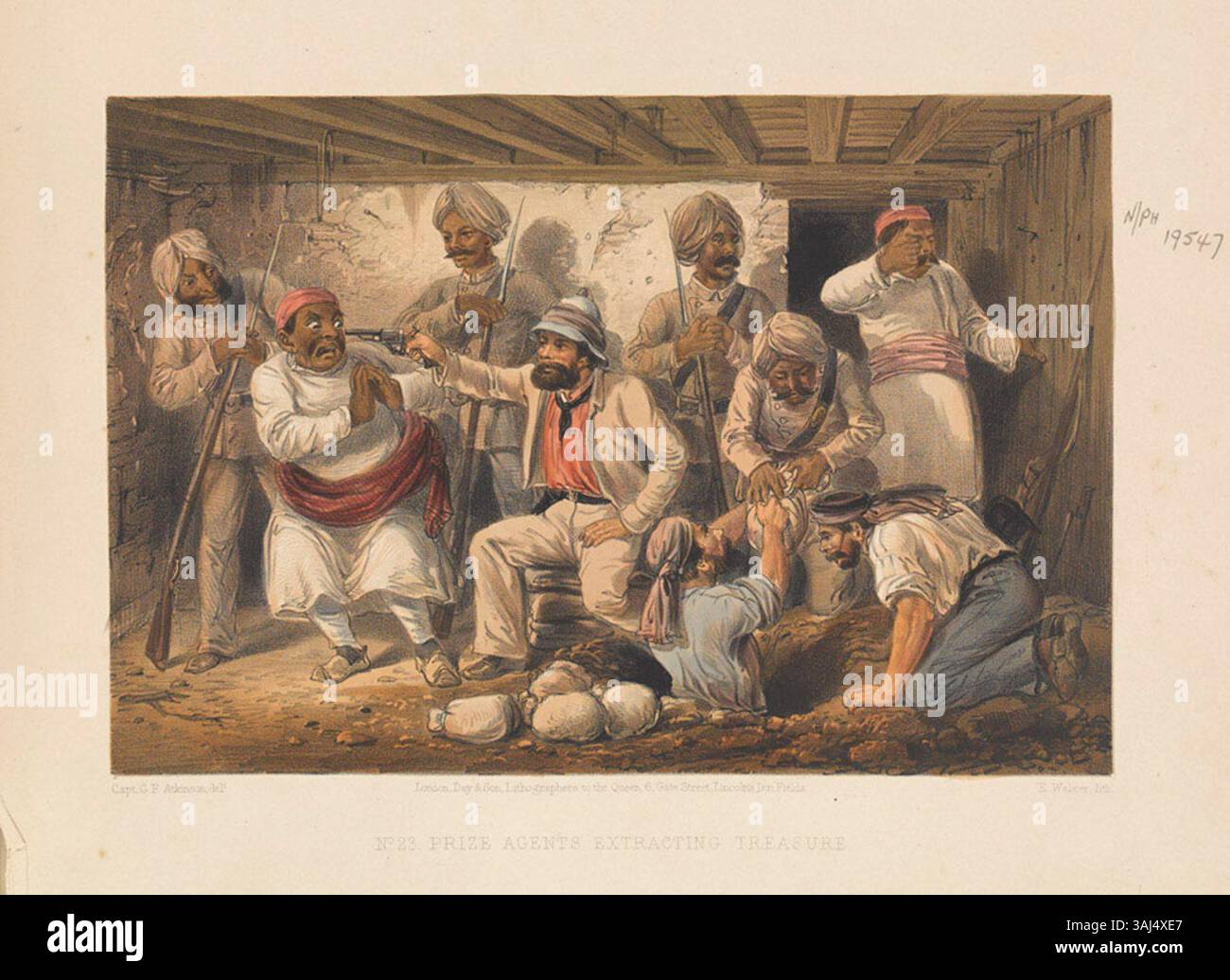 This 1859 lithograph by Edmund Walker depicts Prize Agents extracting treasures during the ...