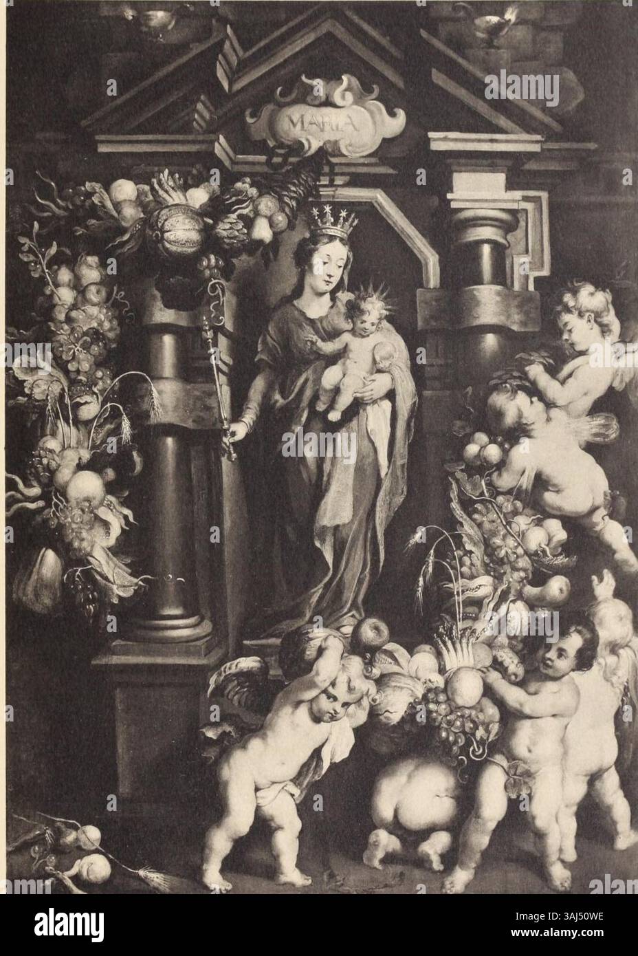 This painting, attributed to the studio of Peter Paul Rubens, depicts the Madonna and Child in a ...