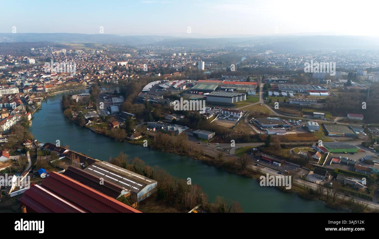 Drone image of Montbeliard, France, showing the winding Allan river ...