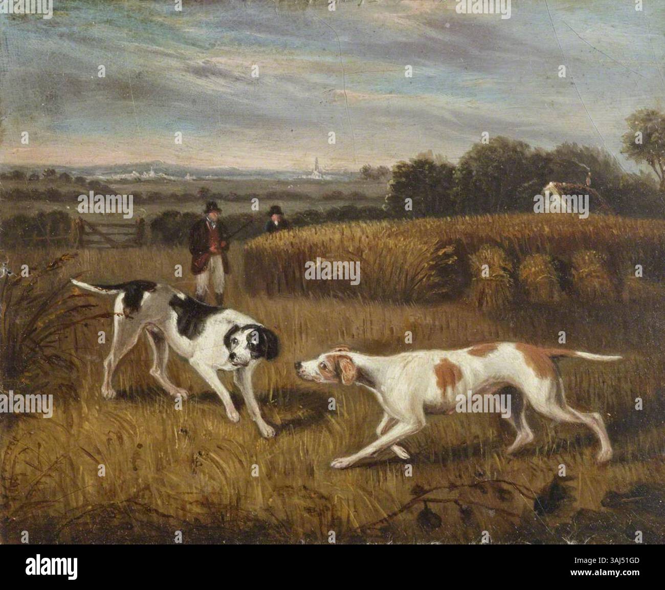 A painting showing two pointers in a cornfield with gunsmen in the ...