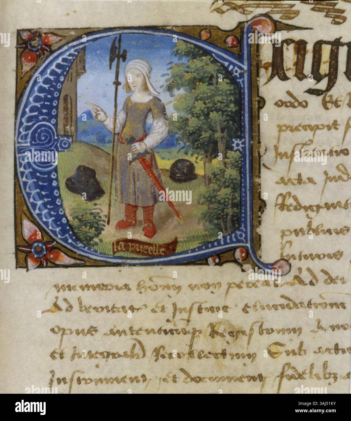 Illumination depicting Jeanne d'Arc in peasant attire holding a halberd ...