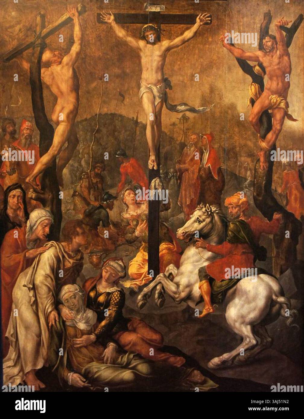 This circa 1550 oil on panel painting by Maarten van Heemskerck depicts the Crucifixion of Jesus ...