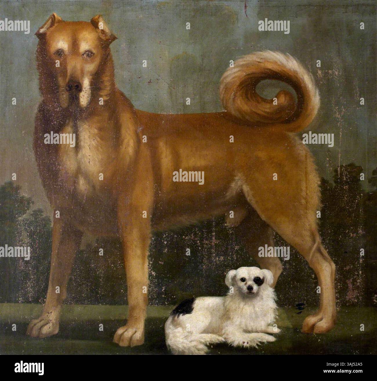 A painting featuring two dogs, a Lyme Mastiff and a Papillon, created ...