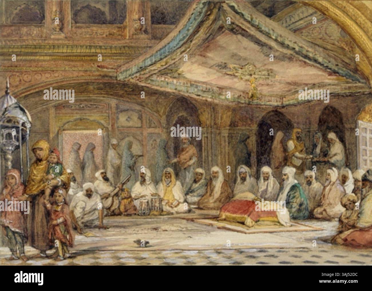 A 1854 painting by William Carpenter depicting the interior of the Golden Temple in Amritsar ...