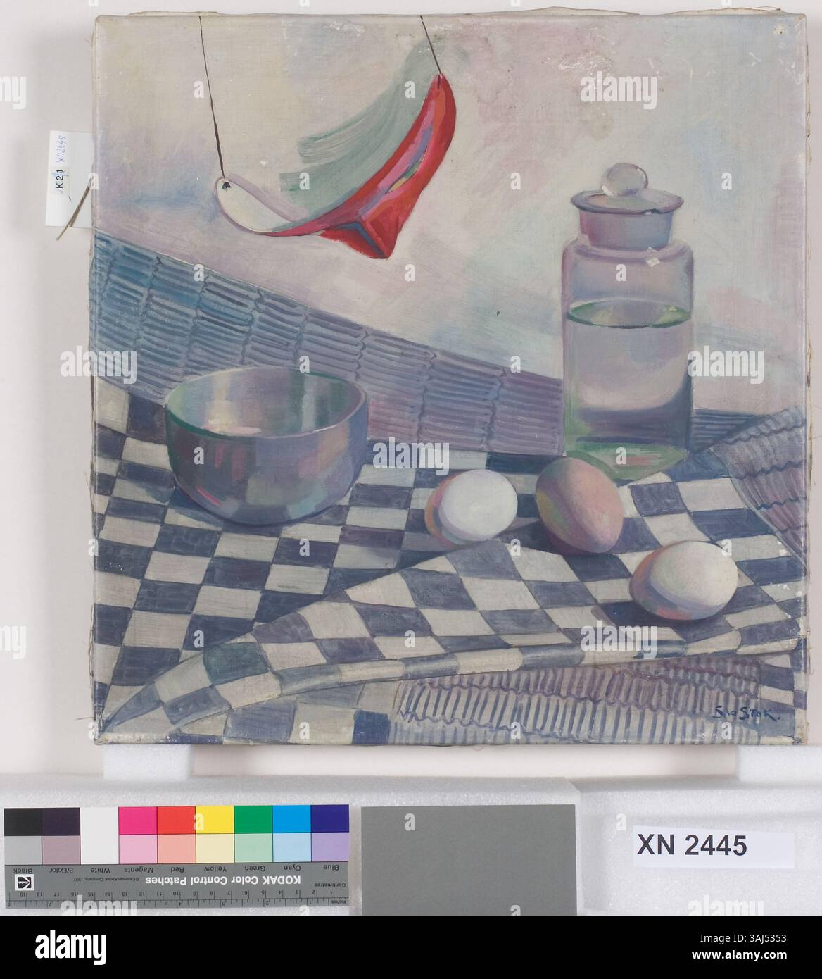 This still life painting by J.S. van der Stok features a composition with eggs, painted between ...