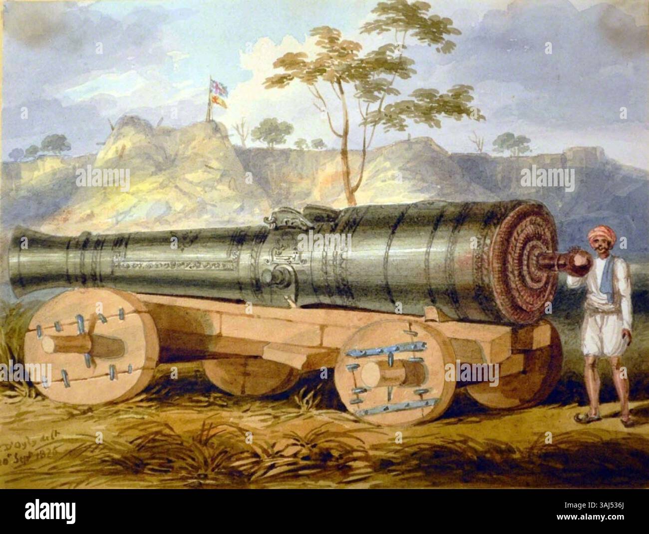 'Gun at Bhurtpore' by Sir Charles D'Oyly, 1826. This watercolor depicts ...