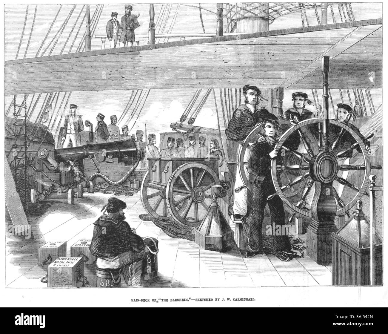 This engraving from 1856 illustrates the main deck of the HMS Blenheim ...