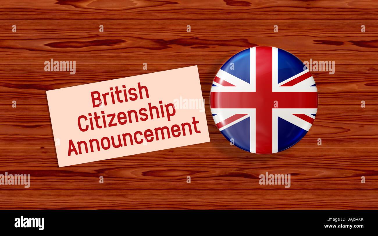 British Citizenship Announcement text message on paper. UK flag badge ...