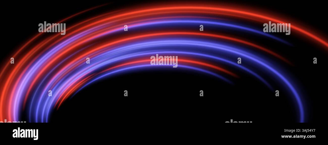 Digital arc trail. Red and blue neon beams bend into a circular stream ...