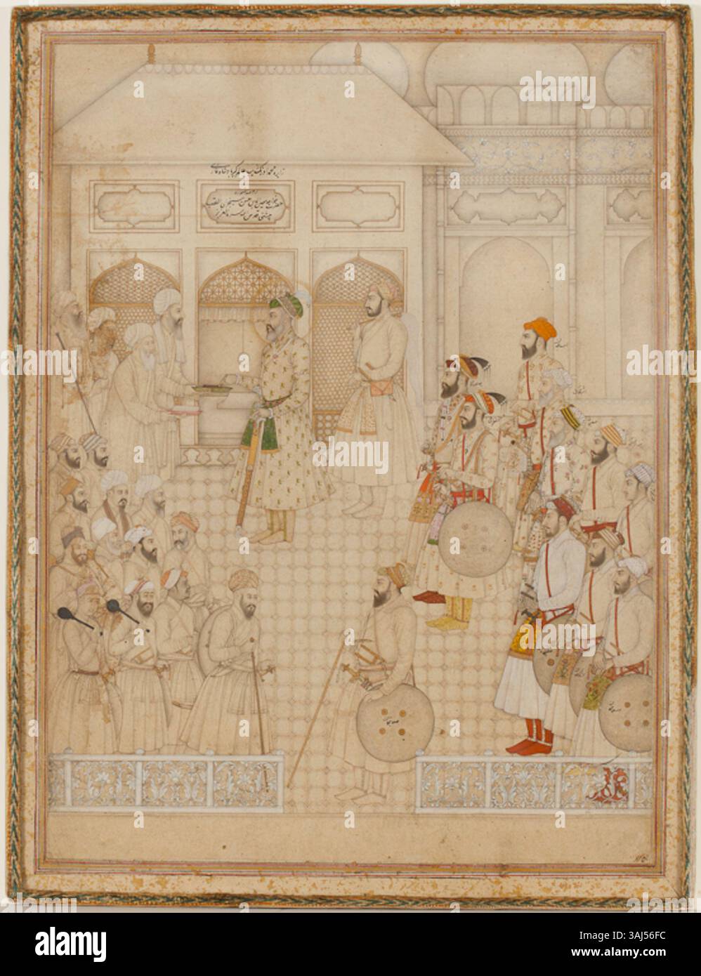 The painting depicts Mughal Emperor Aurangzeb presenting a donation at ...