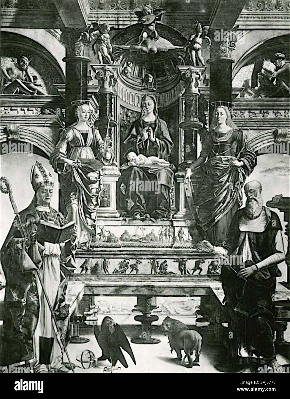 A painting by Ercole de Roberti (c. 1475) showing the Madonna and Child ...