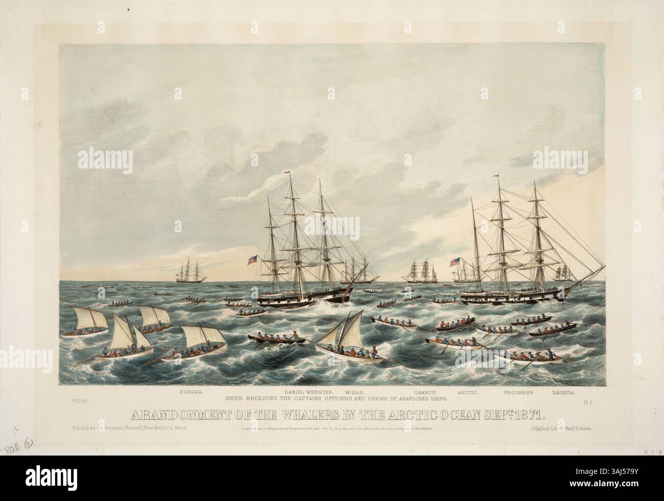 This hand-colored lithograph, Plate 5 of 5, shows ships rescuing ...