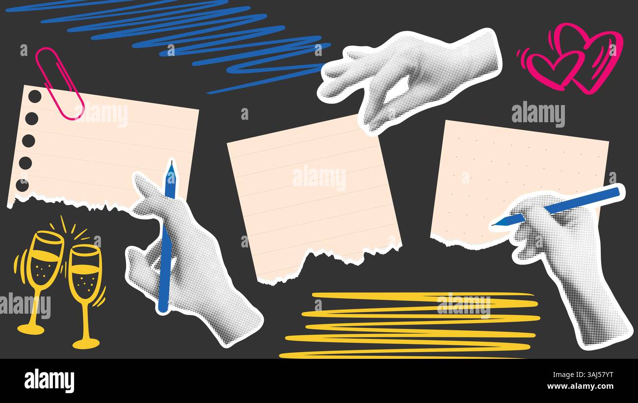 Collage with elements of torn paper and hands in halftone style. Take ...