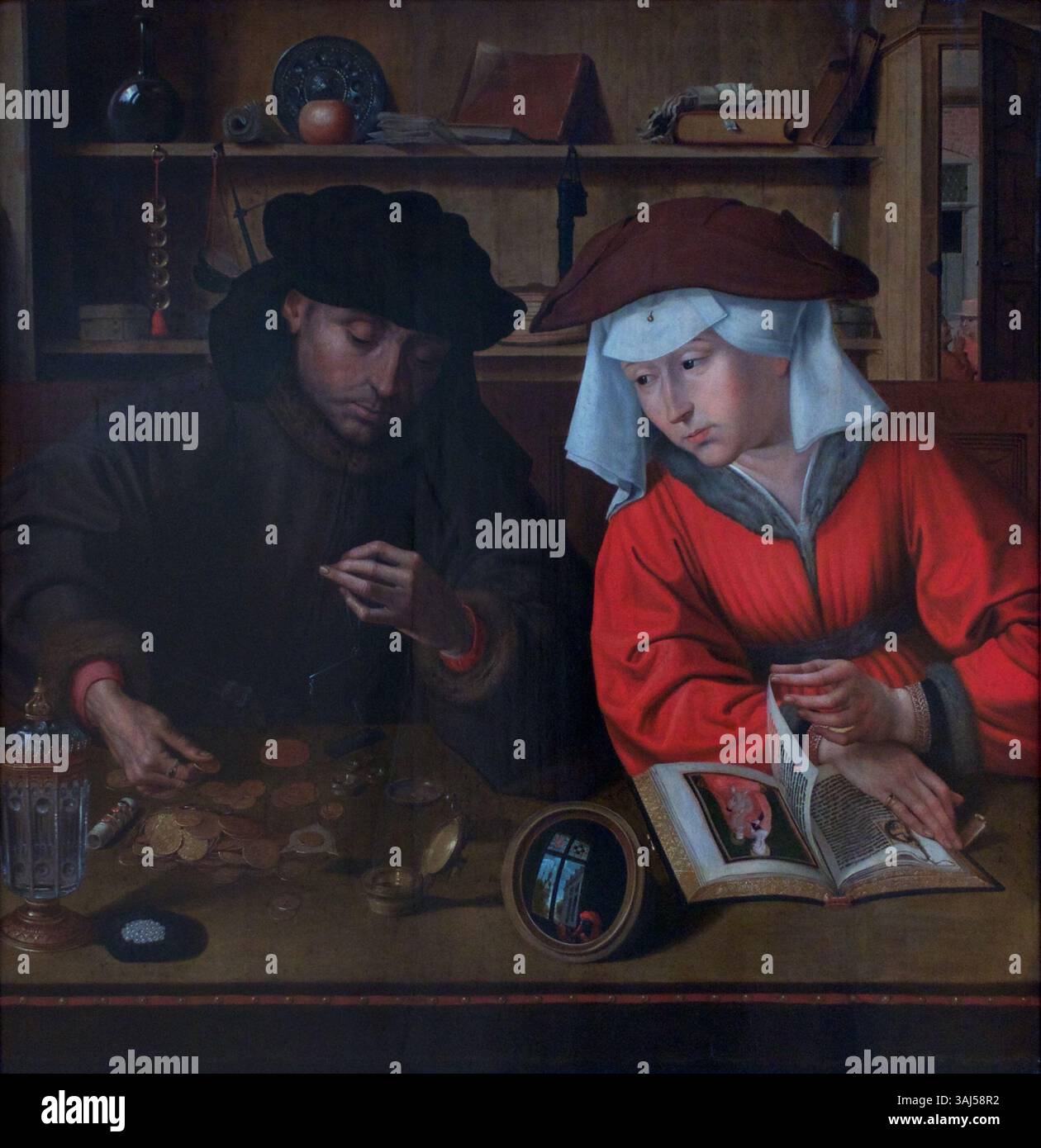 After Quinten Metsys, this 16th-century painting 'The Moneylender and His Wife' captures a ...