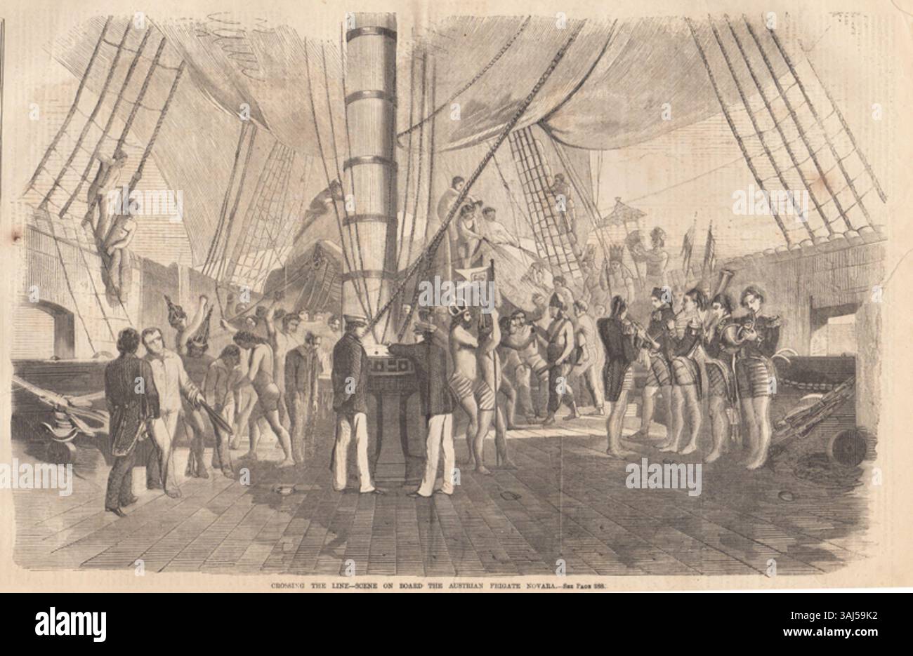 This 1858 illustration, titled 'Crossing the Line,' depicts a scene ...