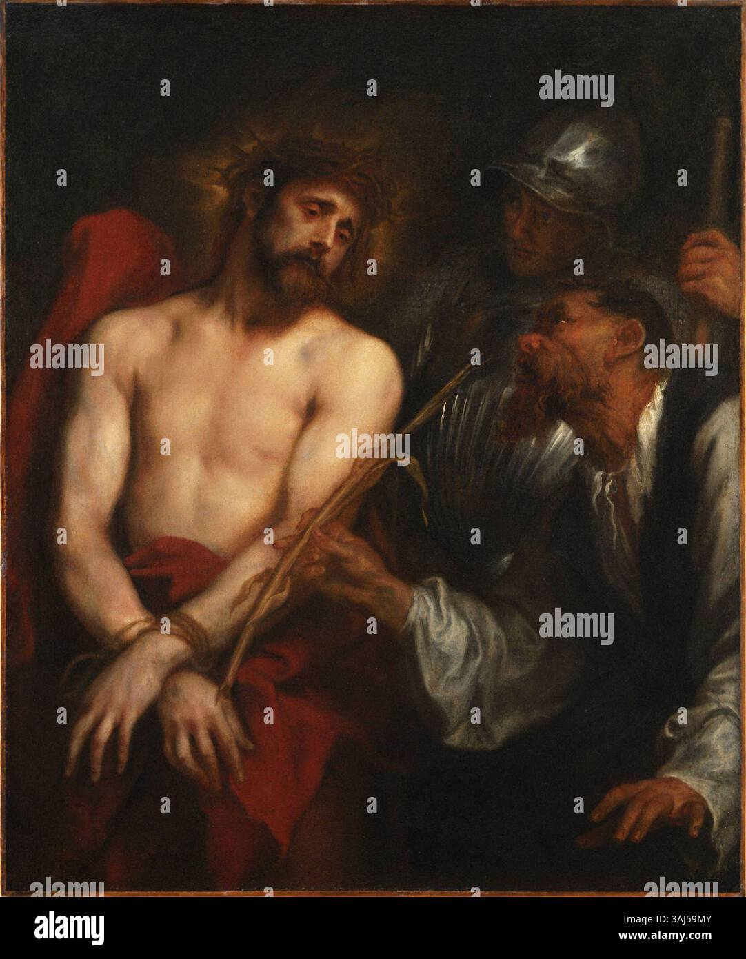 This 17th-century oil painting by Anthony van Dyck, titled 'The Mocking of Christ,' depicts the ...