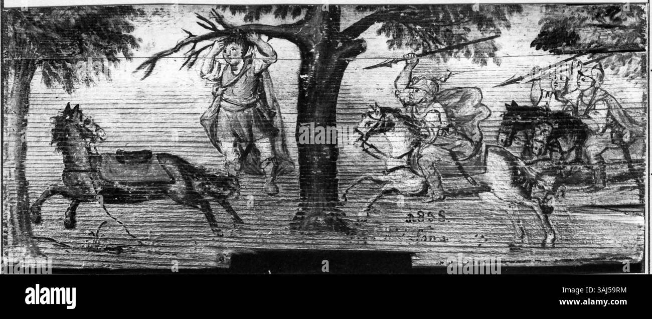 This 1838 oil on panel painting, titled 'The Death of Absalom,' portrays the tragic moment from ...