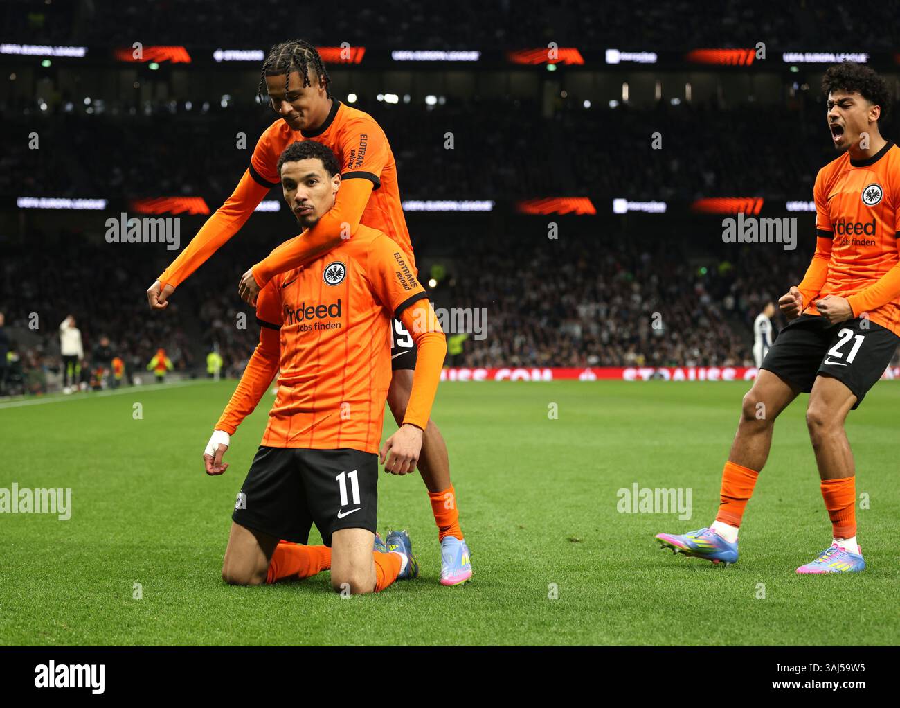 London, UK. 10th Apr, 2025. Hugo Ekitike (EF) celebrates scoring the ...