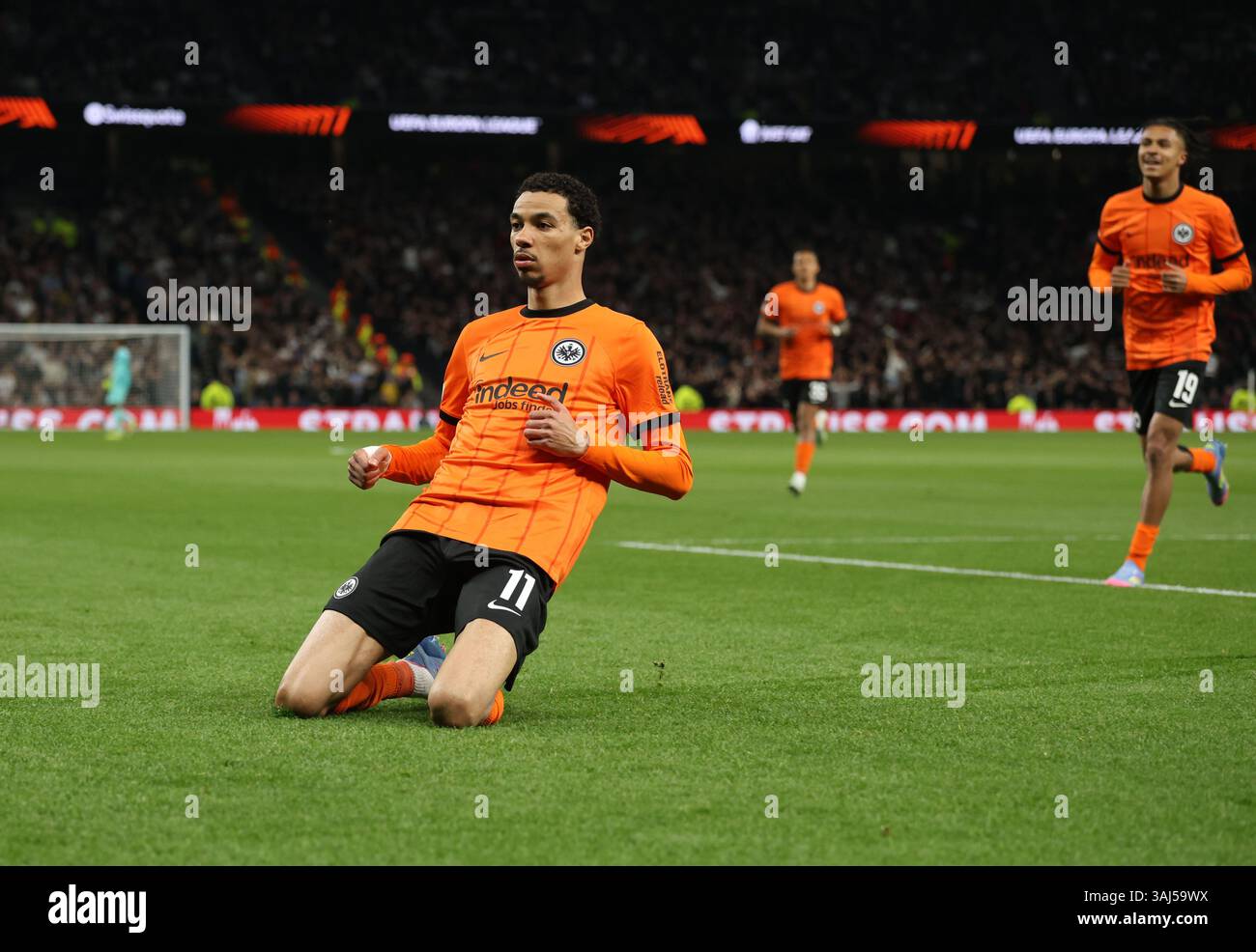 London, UK. 10th Apr, 2025. Hugo Ekitike (EF) celebrates scoring the ...