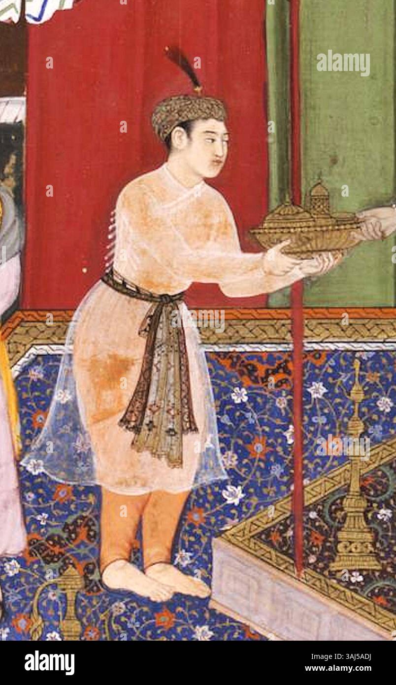 This portrait depicts Mirza Aziz Koka offering presents to Emperor ...