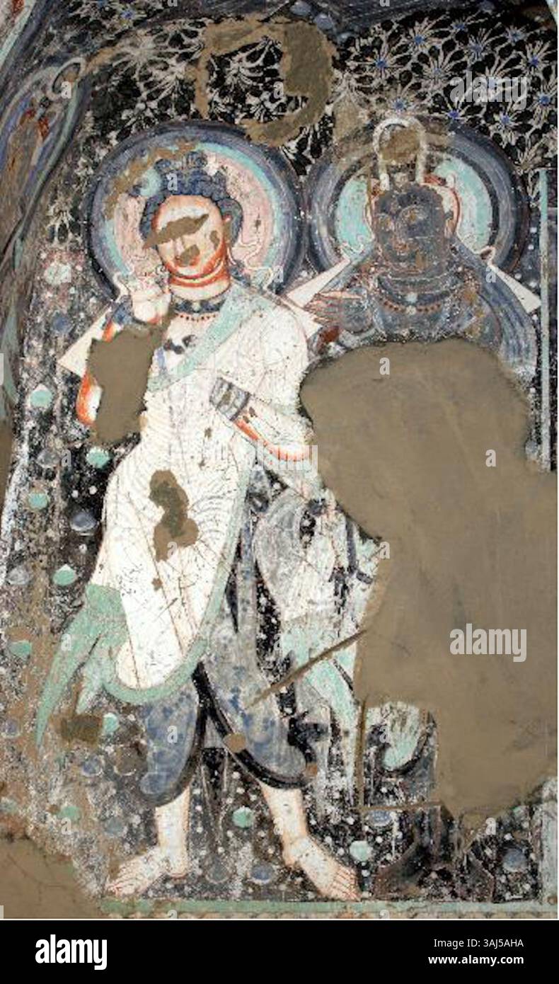 A 5th-century CE mural at the end of the right corridor in Cave 80 ...