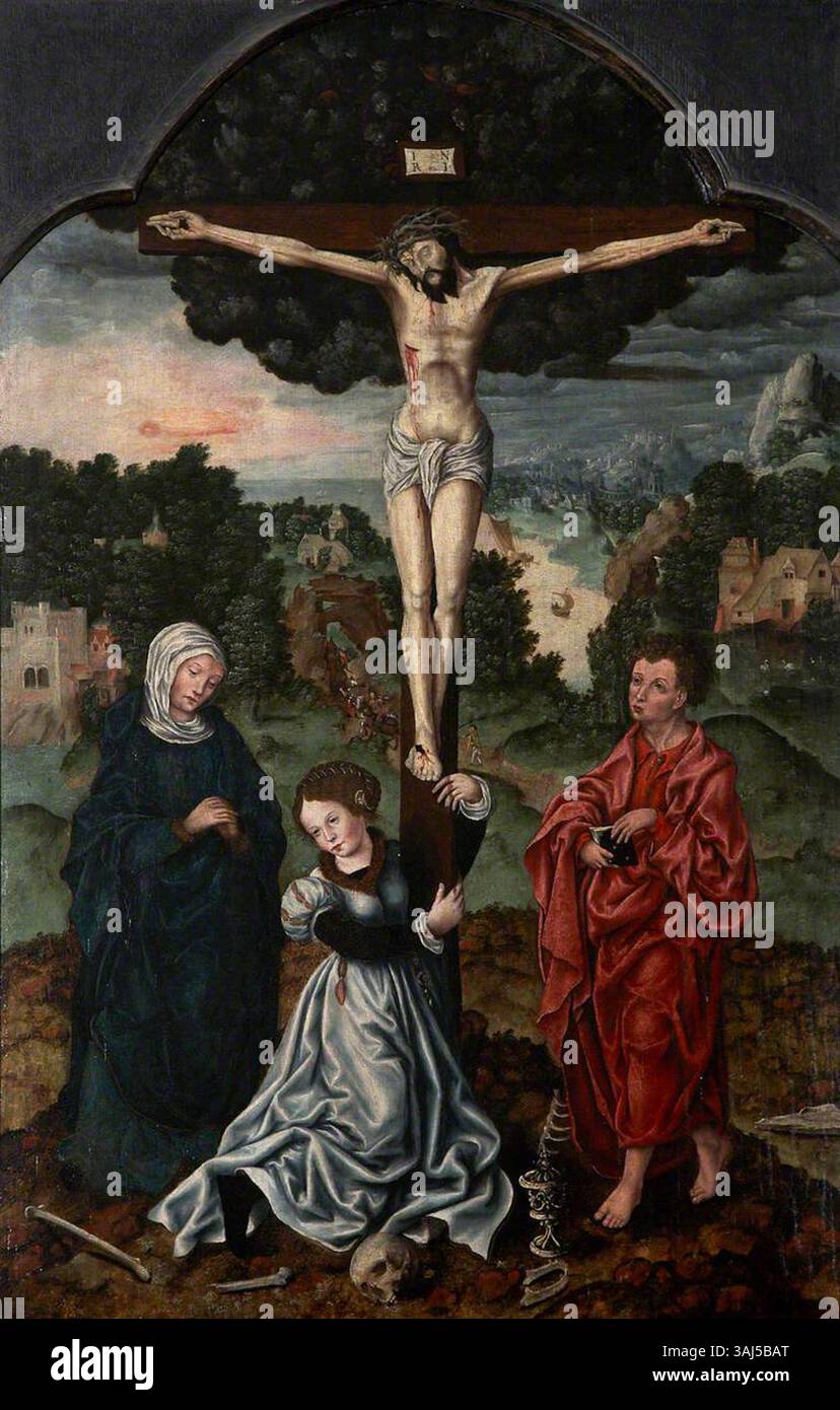 A Flemish painting circa 1500 depicting the Crucified Christ on Golgotha, accompanied by the ...