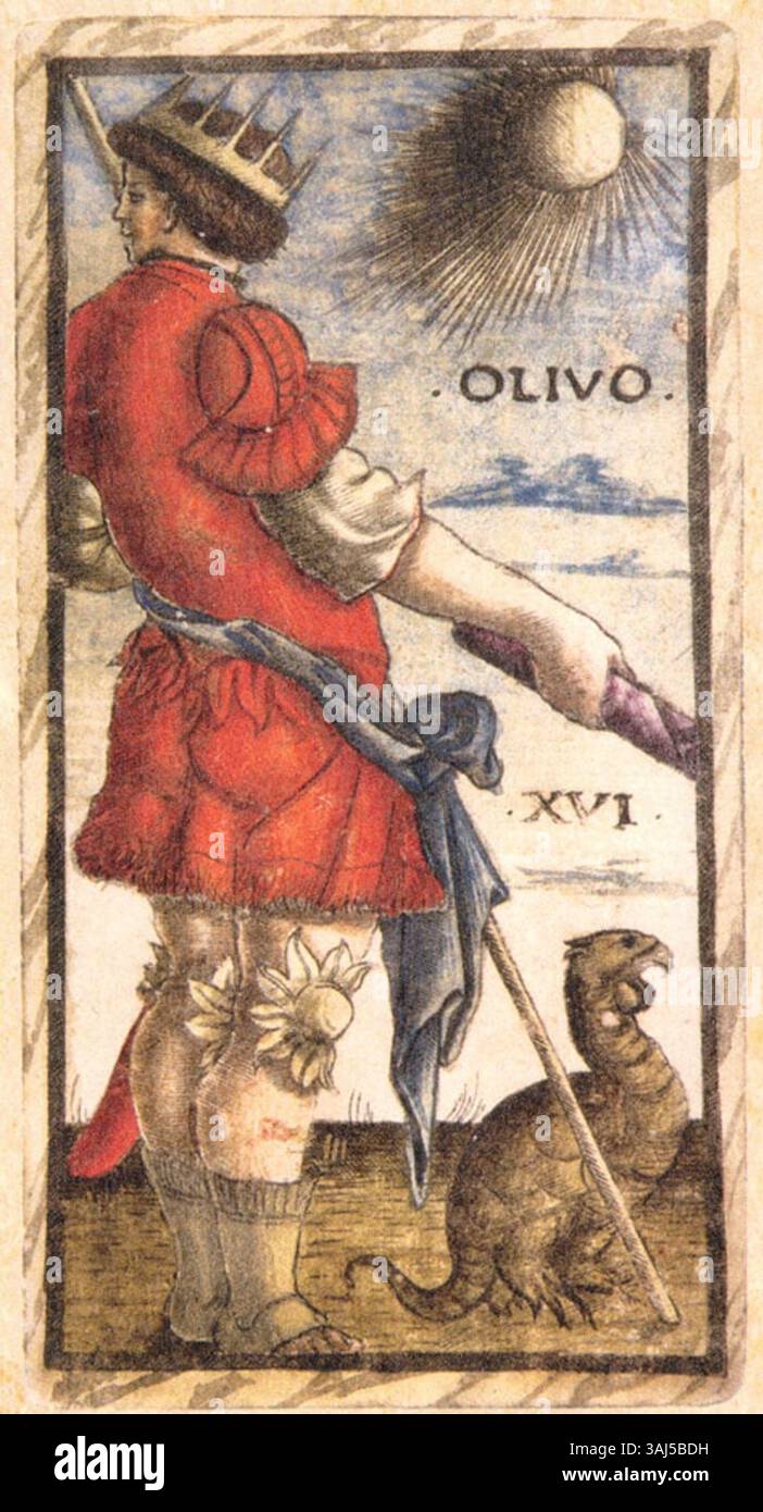 The Olivo (XVI) card from the 1491 Sola Busca tarot deck, a ...